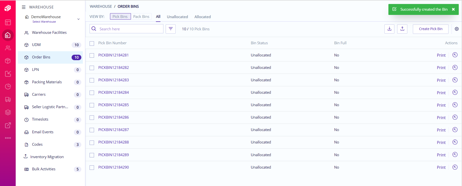 Creation of Order Pick and/or Pack Bin - WMS 3.0 – Anchanto